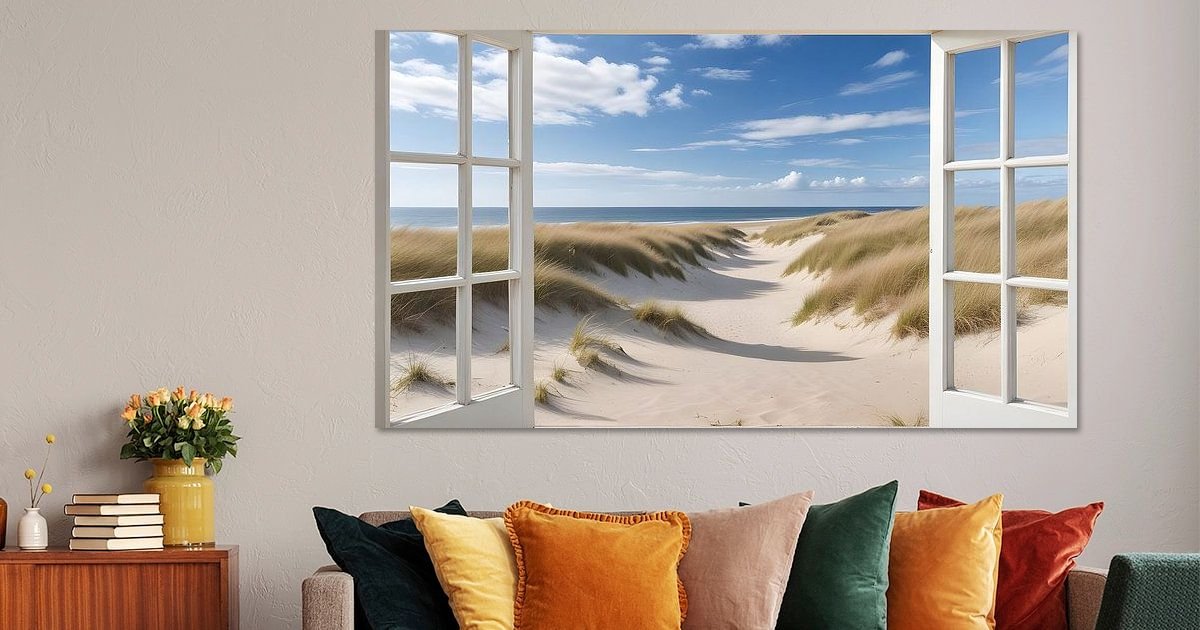 TW living - window - view of the Beach van TW living op canvas, behang ...