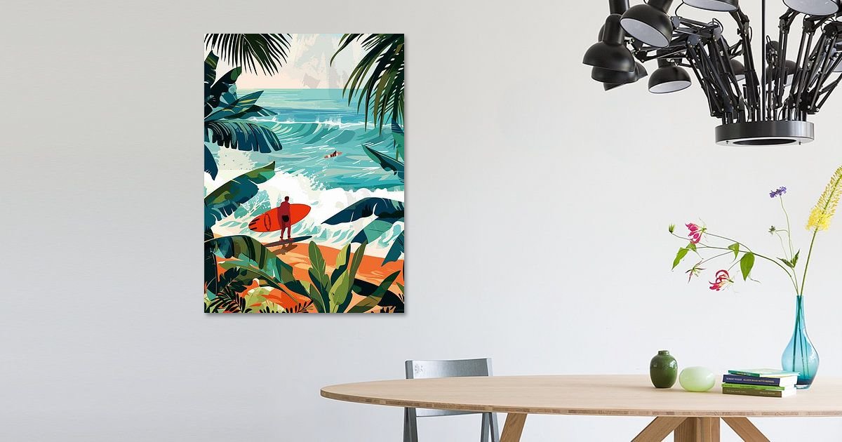 Een man met surfplank van Lae op canvas, behang en meer