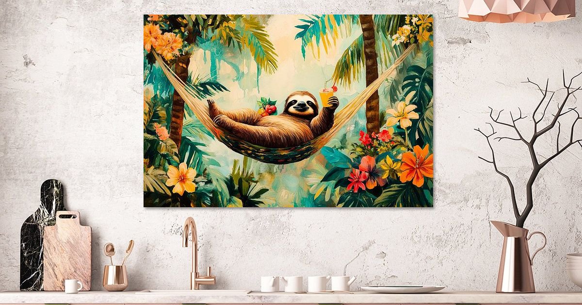 Luie luiaard in de kleurrijke jungle van Poster Art Shop op canvas ...