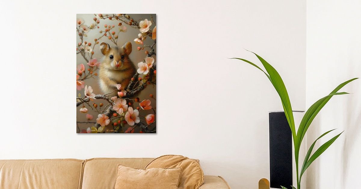 Lente in Bloei - Muisje op een Bloesemtak van Eva Lee op canvas, behang ...