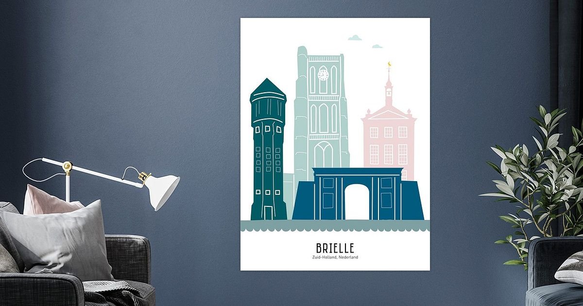 Skyline illustratie Brielle in kleur van Mevrouw Emmer op canvas ...