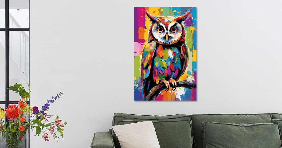 Kleurrijke dynamische uil kunst van Art & Soul Creations op canvas ...