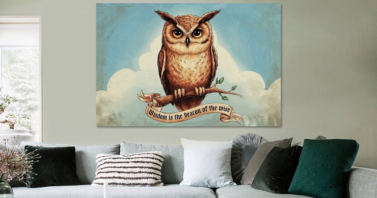 Wijze uil op tak van Art & Soul Creations op canvas, behang en meer