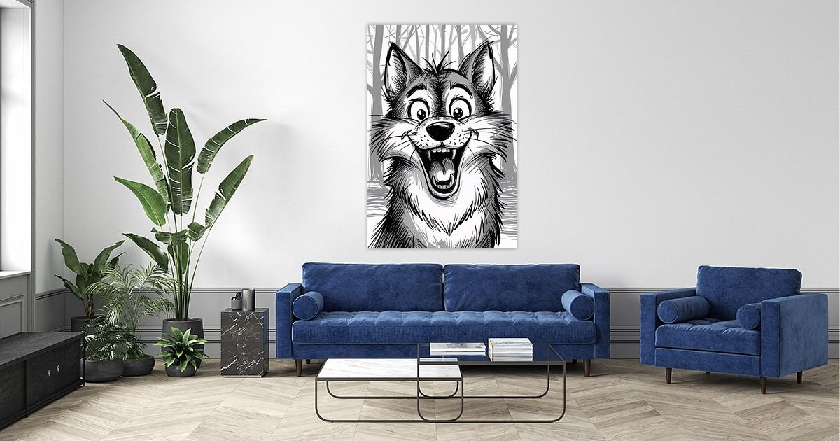 Speelse wolf lijntekening natuur van Art & Soul Creations op canvas ...