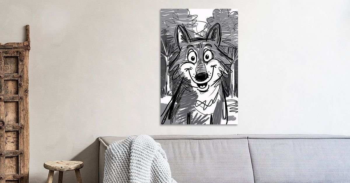 Speelse wolf lijntekening zwart-wit van Art & Soul Creations op canvas ...