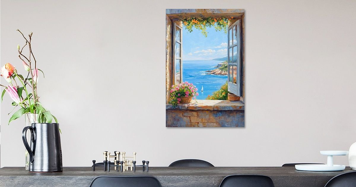 Raam met uitzicht op zee van Poster Art Shop op canvas, behang en meer