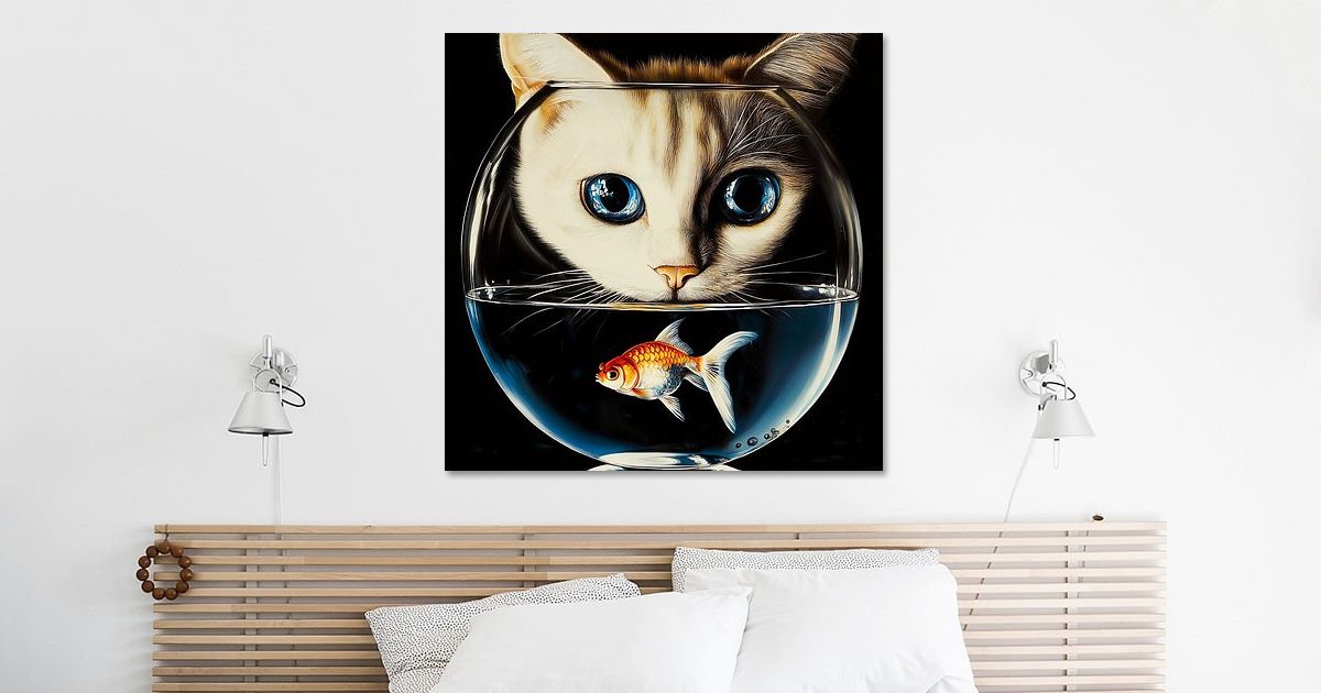 Blauwogige kat en goudvisje van Lauri Creates op canvas, behang en meer