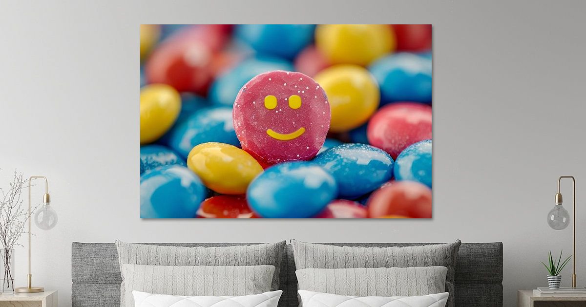 Smiley Snoepberg Kunstwerk van Art & Soul Creations op canvas, behang ...