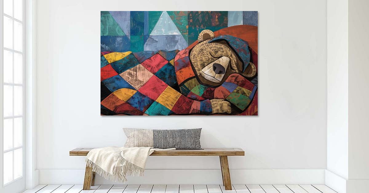 Kleurrijke slapende beer met geometrisch dekbed van Imperial Art House ...