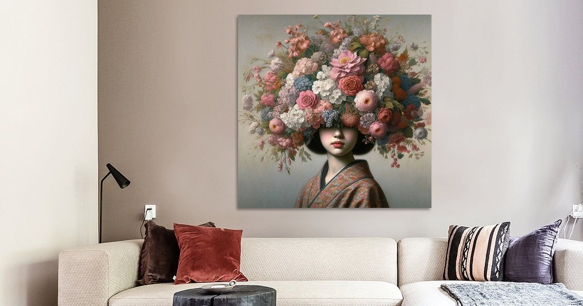 Vintage Floral Geisha van J.O. Han op canvas, behang en meer