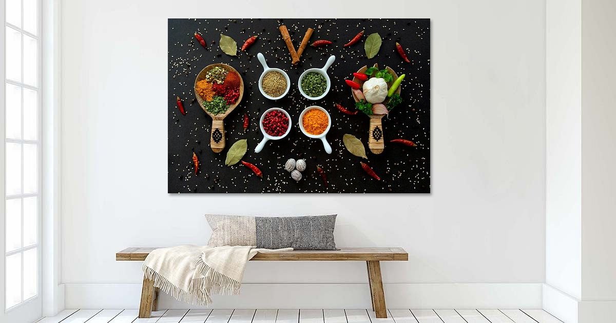 Specerijen en kruiden in de keuken van Francis Dost op canvas, behang ...