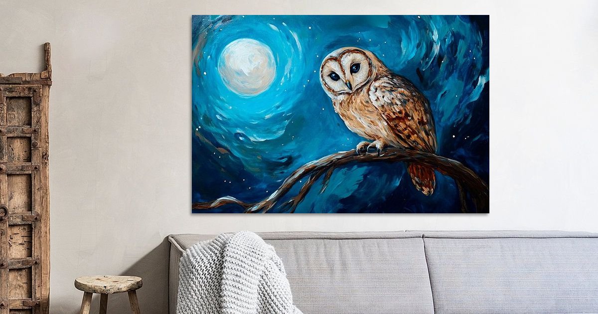 Uil in het maanlicht op een tak van Poster Art Shop op canvas, behang ...
