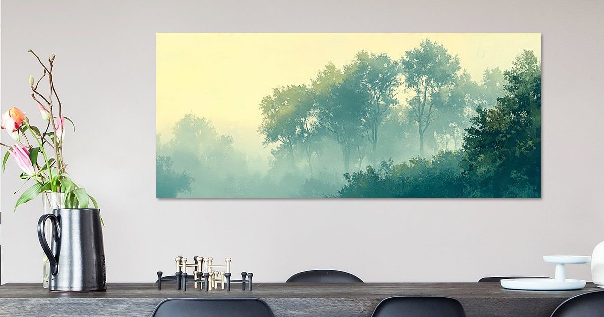 Dageraad in het mistige bos van Poster Art Shop op canvas, behang en meer
