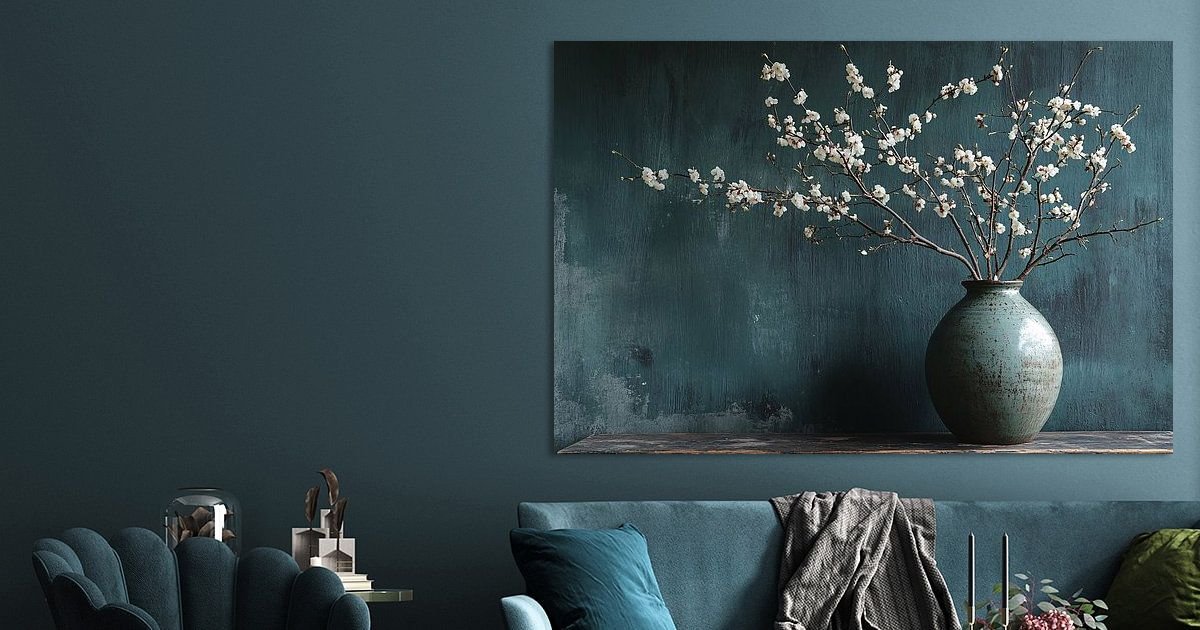 Keramische vaas met bloesemtakken van Imperial Art House op canvas ...