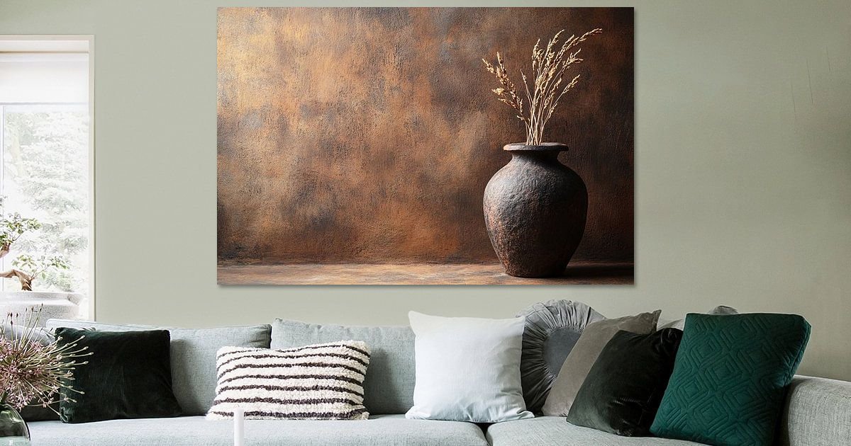 Rustieke vaas met droogbloemen van Imperial Art House op canvas, behang ...