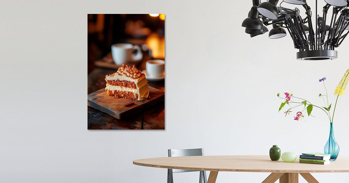 Heerlijke plak cake op een houten bord van Poster Art Shop op canvas ...