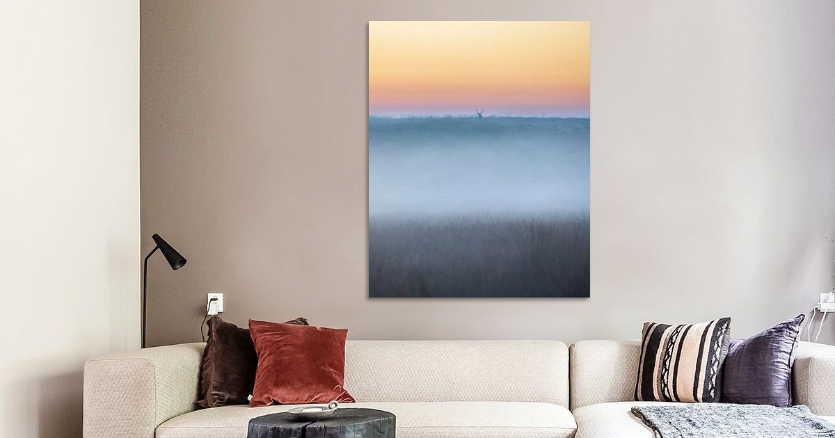 Edelhert in een sfeervol landschap - 4 van Sander Grefte op canvas ...