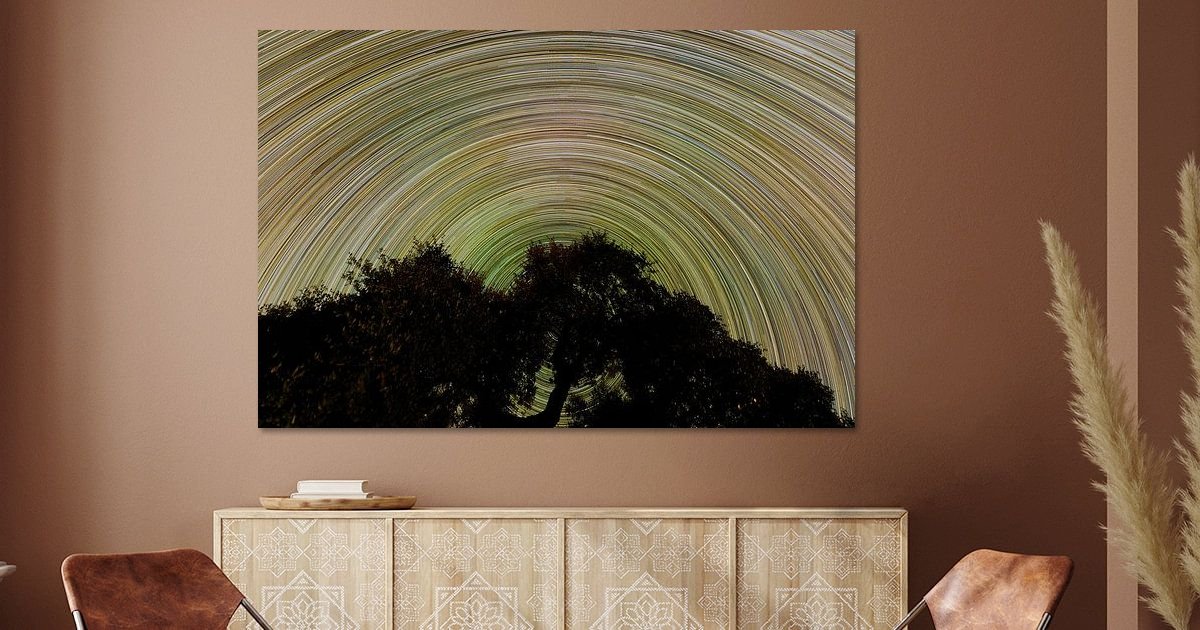 star trails van de melkweg in november met boom. van Hans Hut op canvas ...