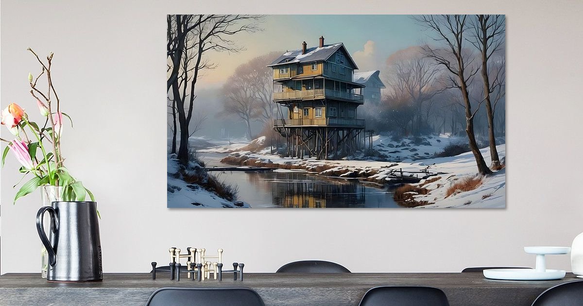 een paalwoning in de hei, winter, balkons van Nick Wendt op canvas ...