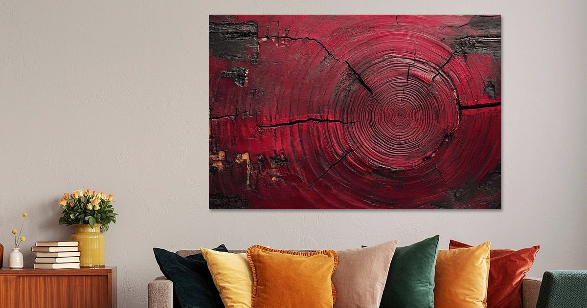Houtringen in Vuurrood Tijd en Textuur van Eva Lee op canvas, behang en ...