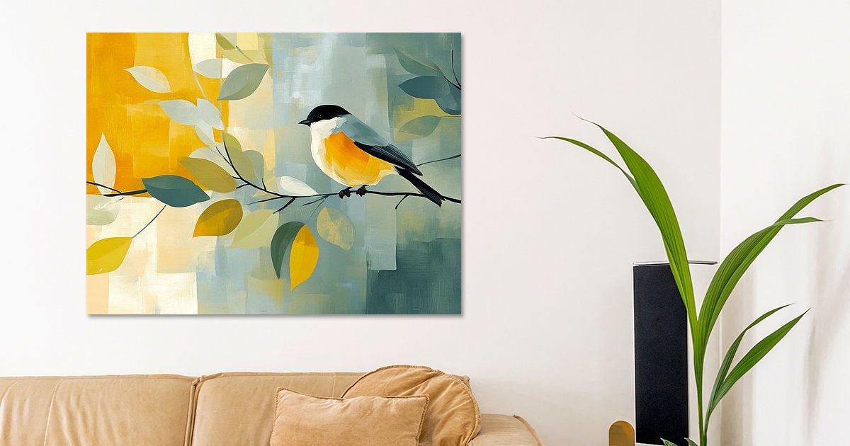 Abstracte Koolmees op een Tak van Karina Brouwer op canvas, behang en meer