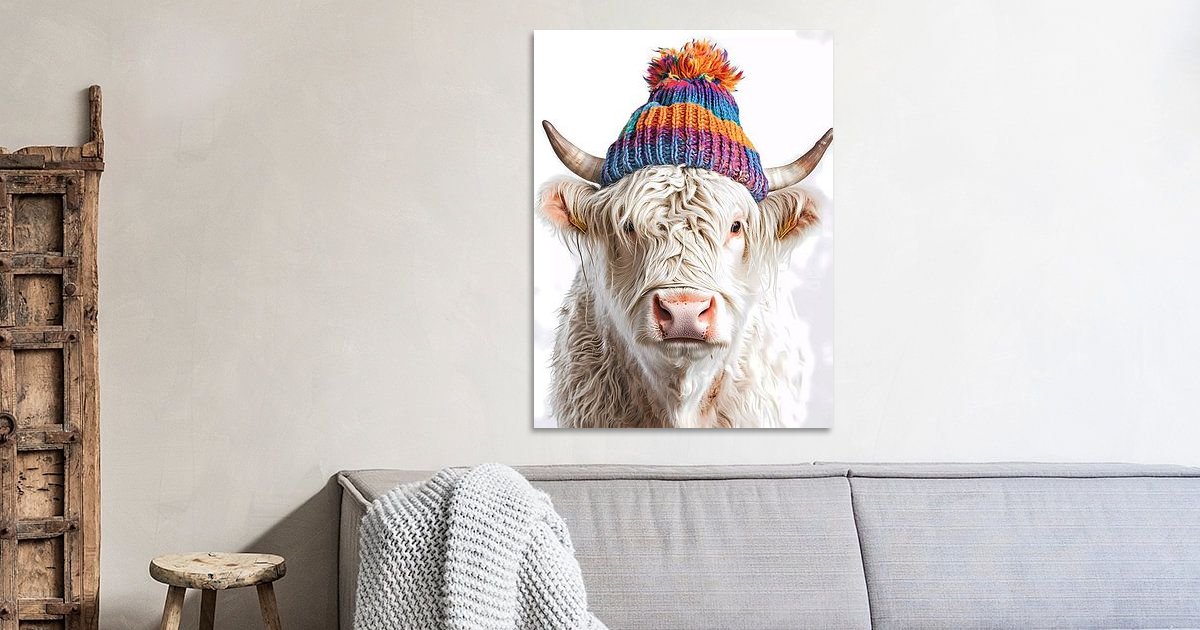 Hoogland koe met muts van haroulita op canvas, behang en meer