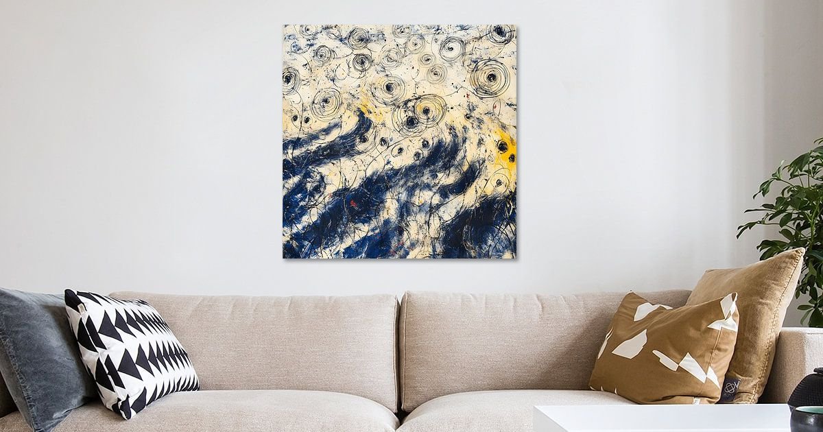 Regendruppels op een meer in de stijl van Juan Miró en Wassily ...