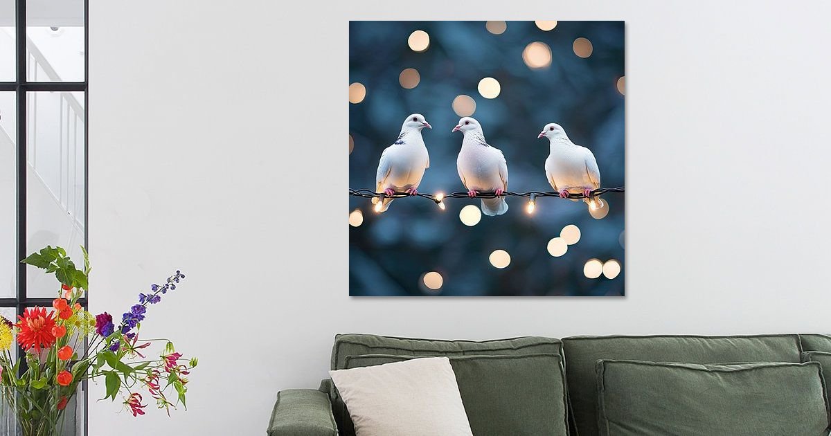 Drie witte duiven op een verlichte draad in een magische sfeer van ...