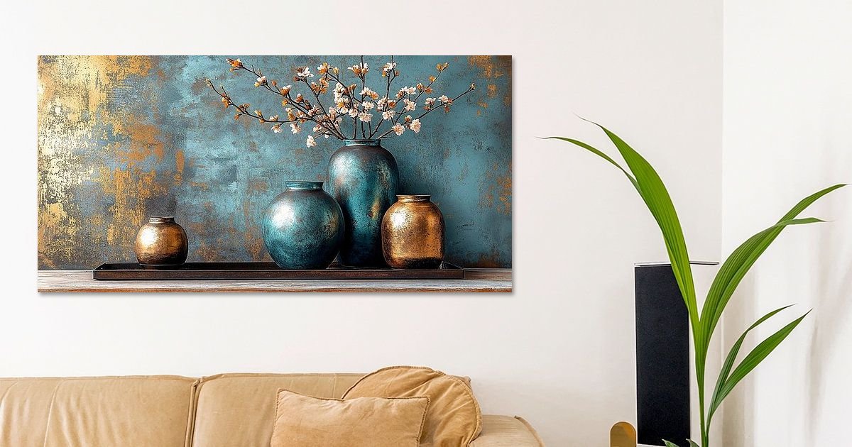 Stilleven in Goud en Turquoise iii van Studio BB op canvas, behang en meer