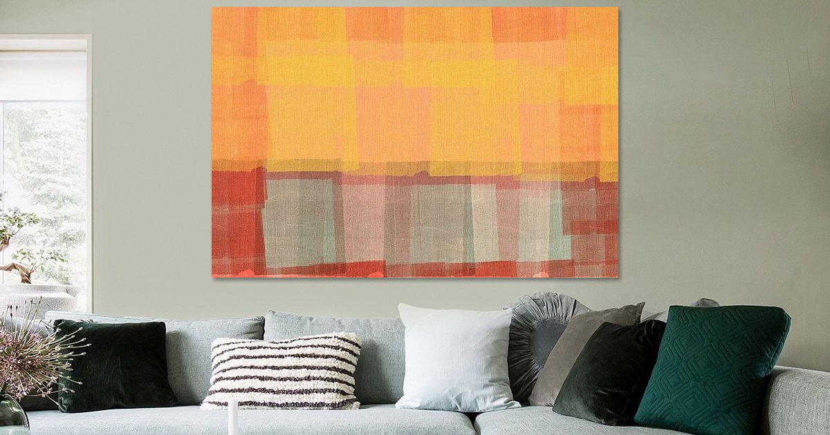 Abstract in warm geel, bruin, lichtblauw en rood. van Dina Dankers op ...
