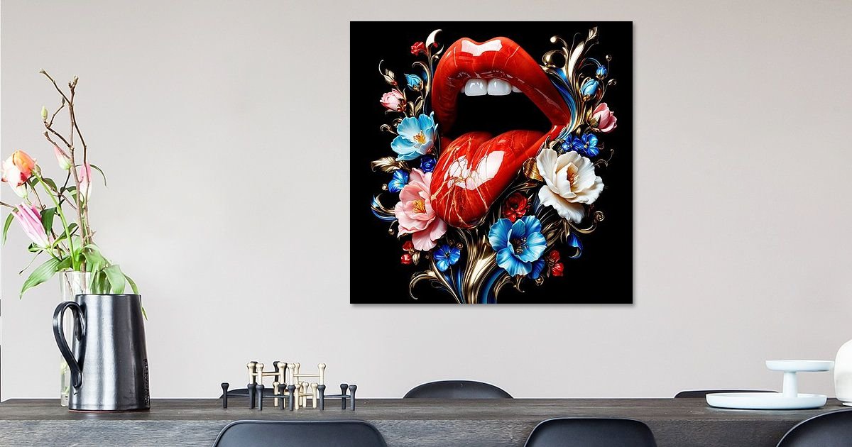 Rode mond en lippen met uitgestoken tong - omringd door gouden takken ...