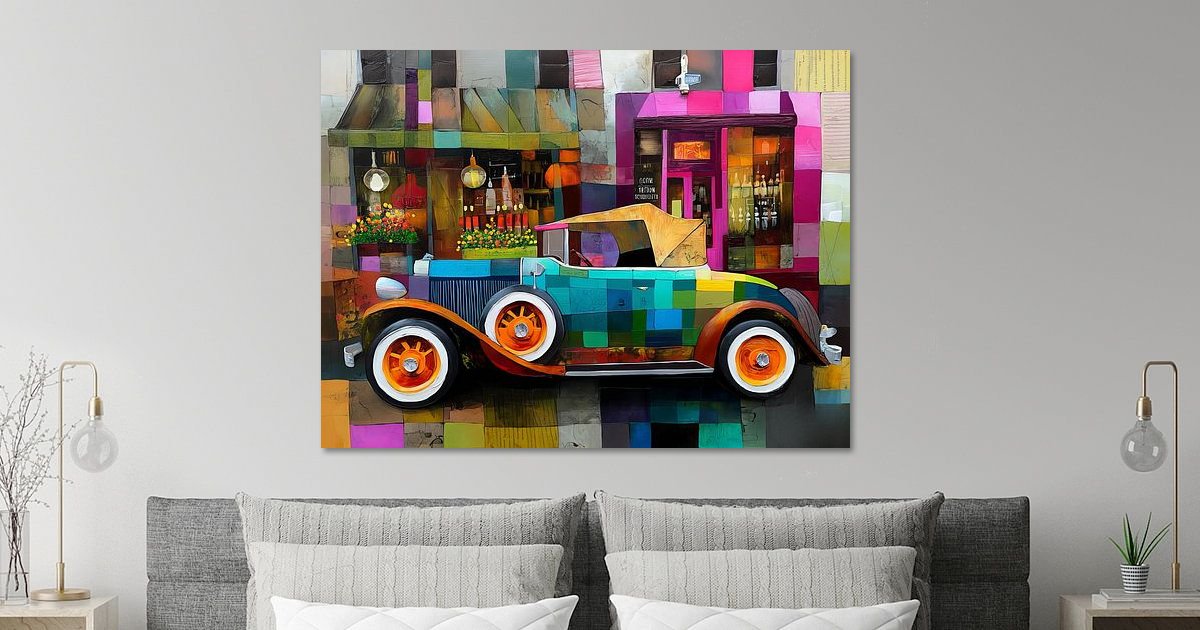 Jalopy in de stad van Amanda Moore op canvas, behang en meer