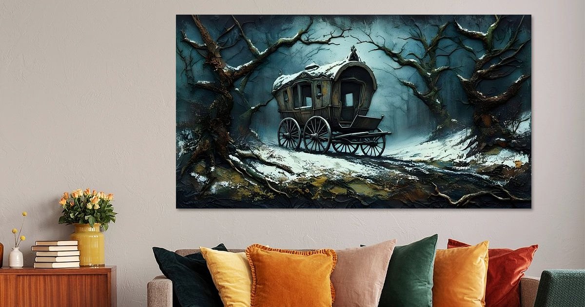 Woonwagen in het winterse bos van Nick Wendt op canvas, behang en meer