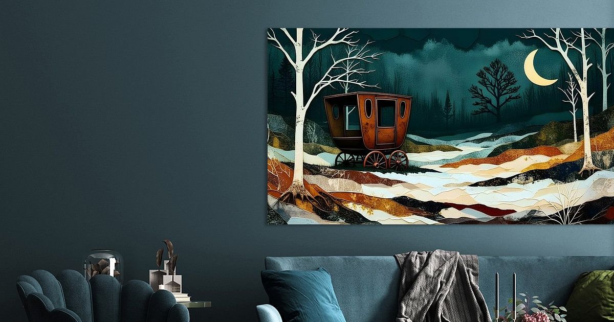 Zigeunerwagen in het bos bij maanlicht van Nick Wendt op canvas, behang ...