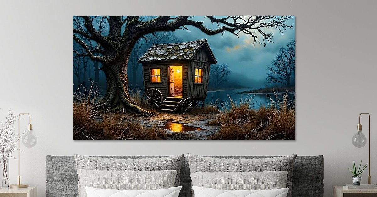 Verlichte zigeunerwagen in het bos van Nick Wendt op canvas, behang en meer