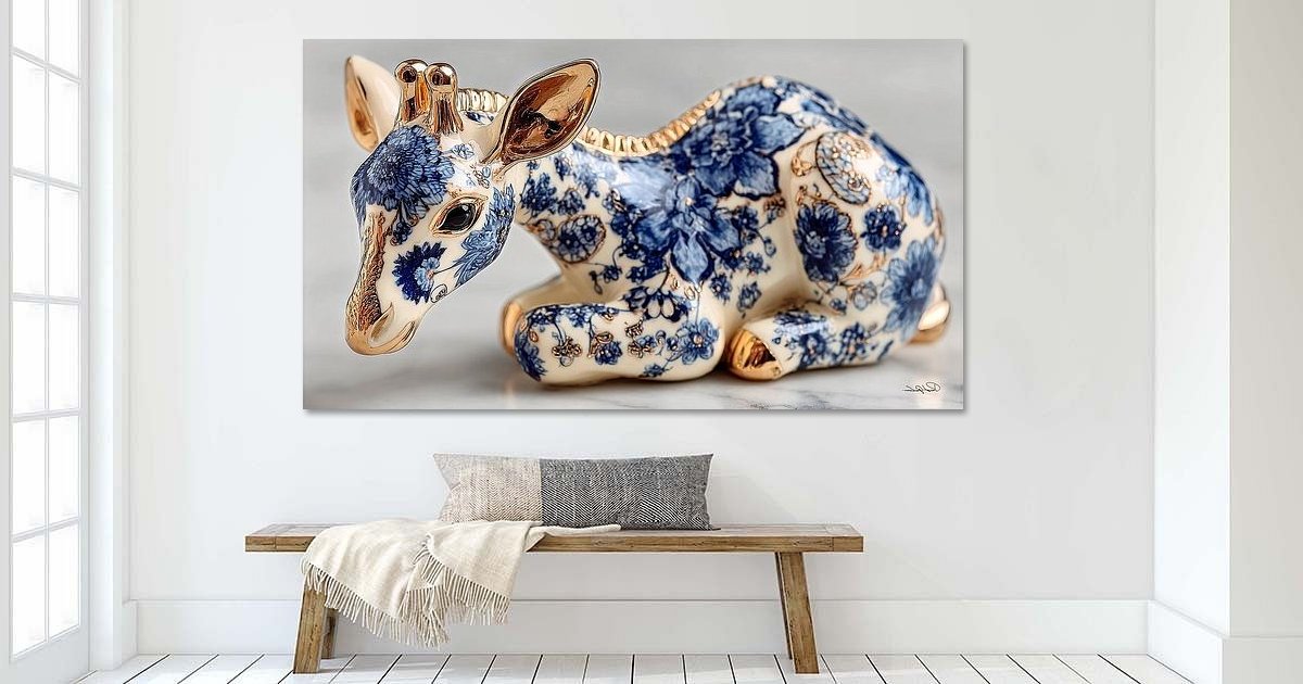 giraffe in delfts blauw en goud op een wit marmeren achtergrond van ...