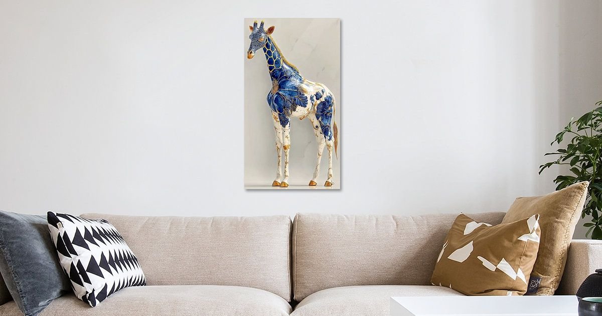 giraffe in delfts blauw en goud op een wit marmeren achtergrond van ...