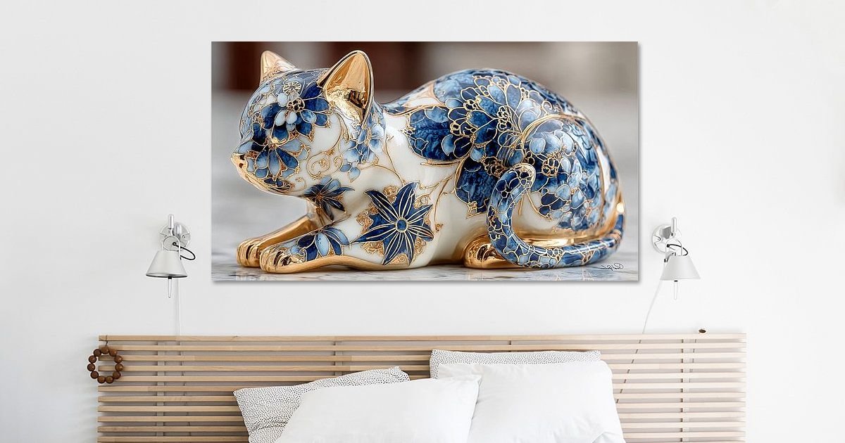 poes / kat in delfts blauw en goud op een wit marmeren achtergrond van ...