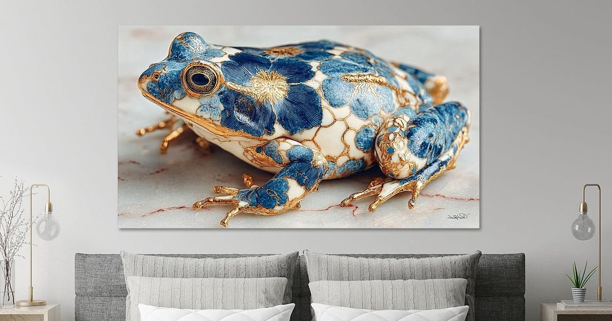 kikker in delfts blauw en goud op een wit marmeren achtergrond van ...