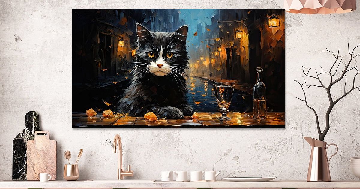 Zwarte Kat en Caféterras bij Nacht geïnspireerd door Van Gogh van Erika ...
