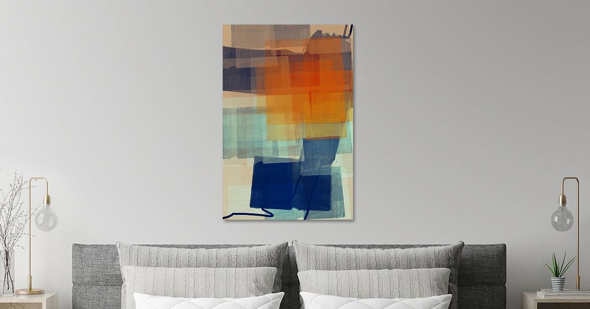 Modern abstract in oranje en diepblauw van Dina Dankers op canvas ...