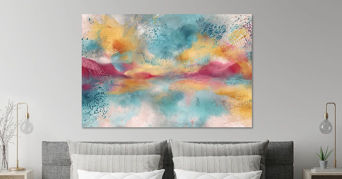 Abstract Schilderij Dromerige Horizon – Pastelkleuren Roze, Lichtblauw ...