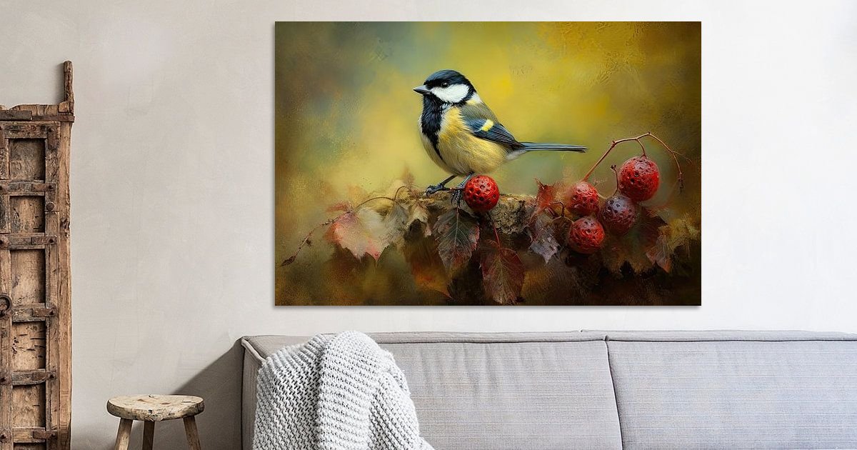 Koolmees tussen herfstbladeren en bessen van Joriali Fine Art op canvas ...