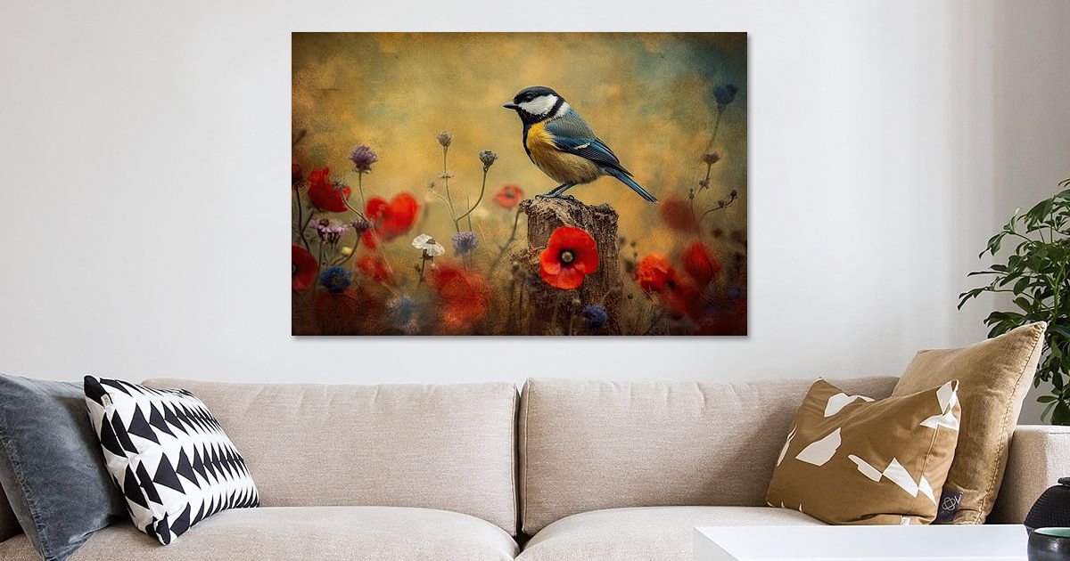 Koolmees Schilderij met Rode Klaprozen van Joriali Fine Art op canvas ...