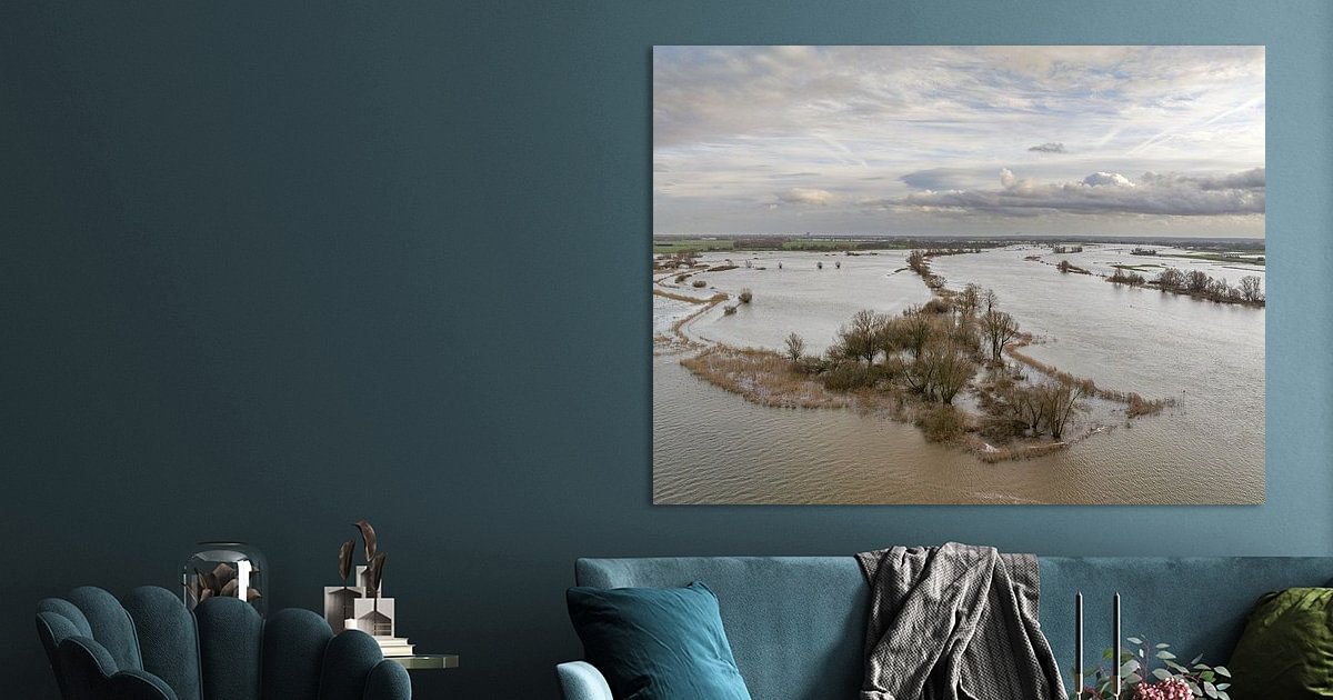 IJssel river with overflowing floodplains after heavy rainfall by ...
