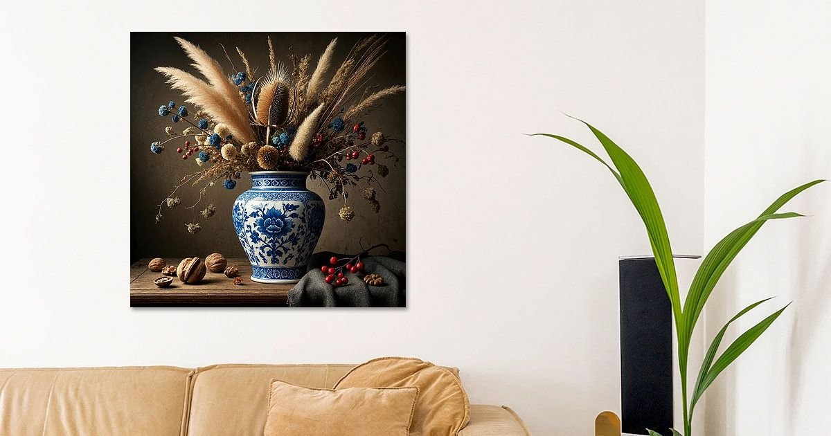 Blauwe vaas met walnoten en droogtakken – modern klassiek stilleven van ...