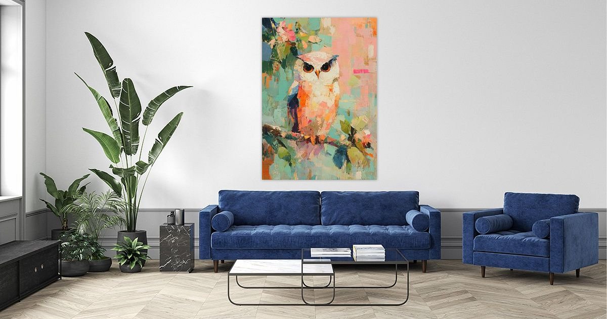 Uil in een appelboom - Abstract olieverfschilderij van Niklas ...