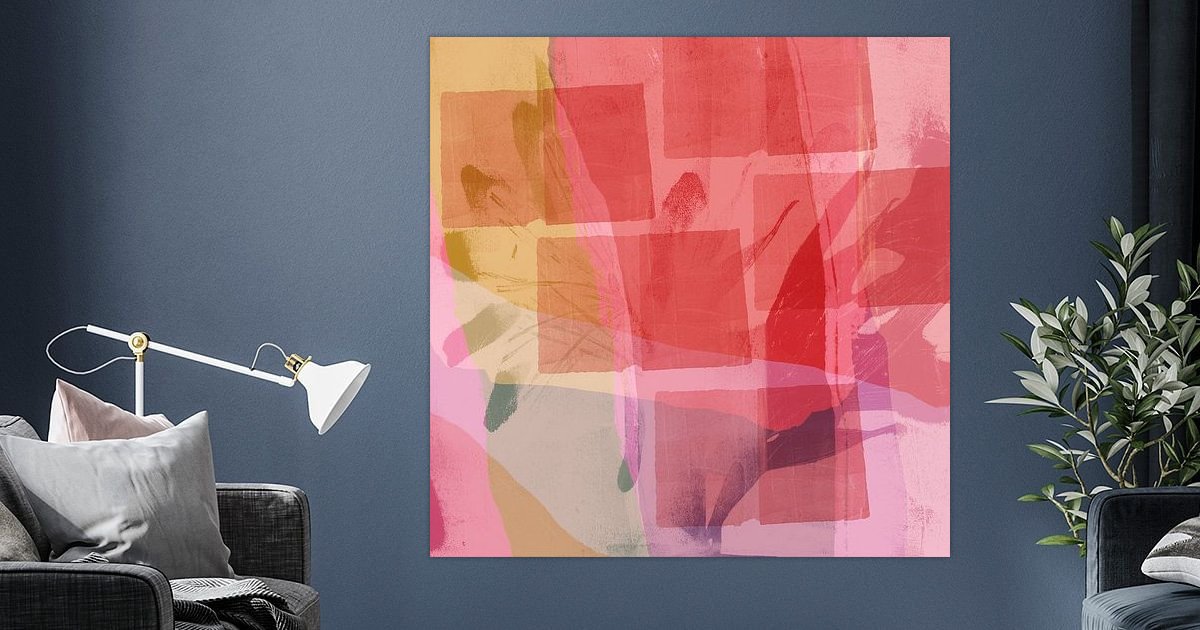 Kleurrijk modern abstract schilderij in neonroze, warm rood en oker van ...