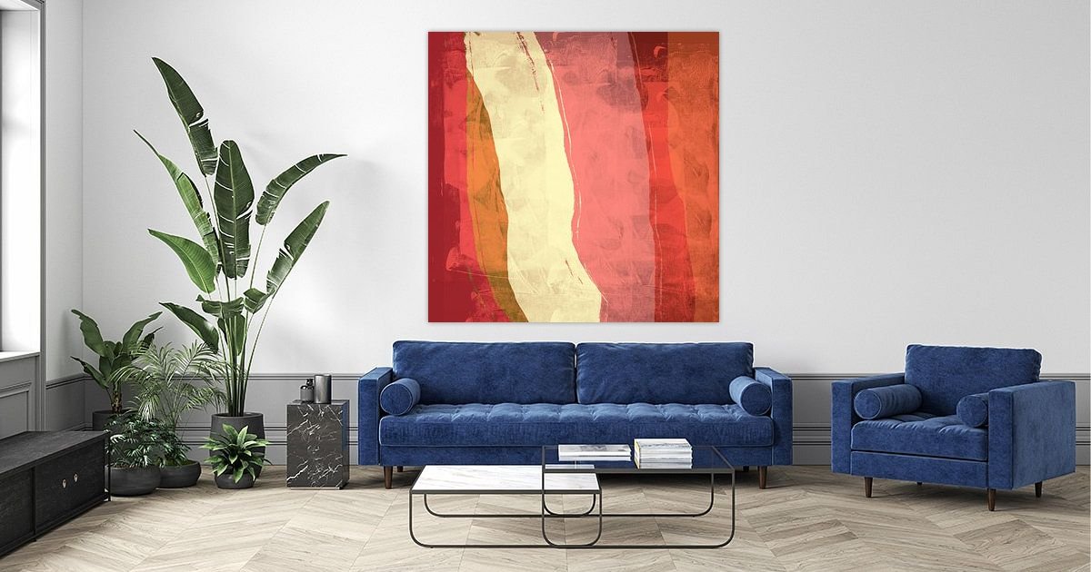 Kleurrijk abstract schilderij in warm roze, terracotta, geel en rood ...
