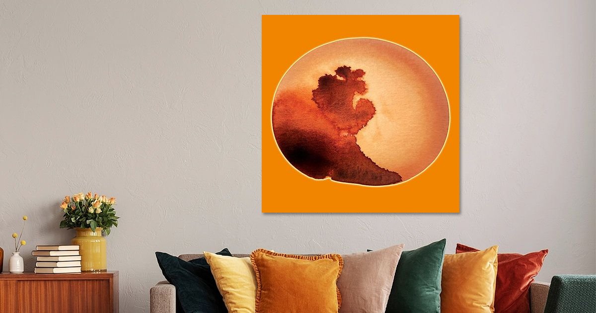 TANGERINE GLOW AQUA EMBER 994 -Circular Watercolour Print in Orange and ...